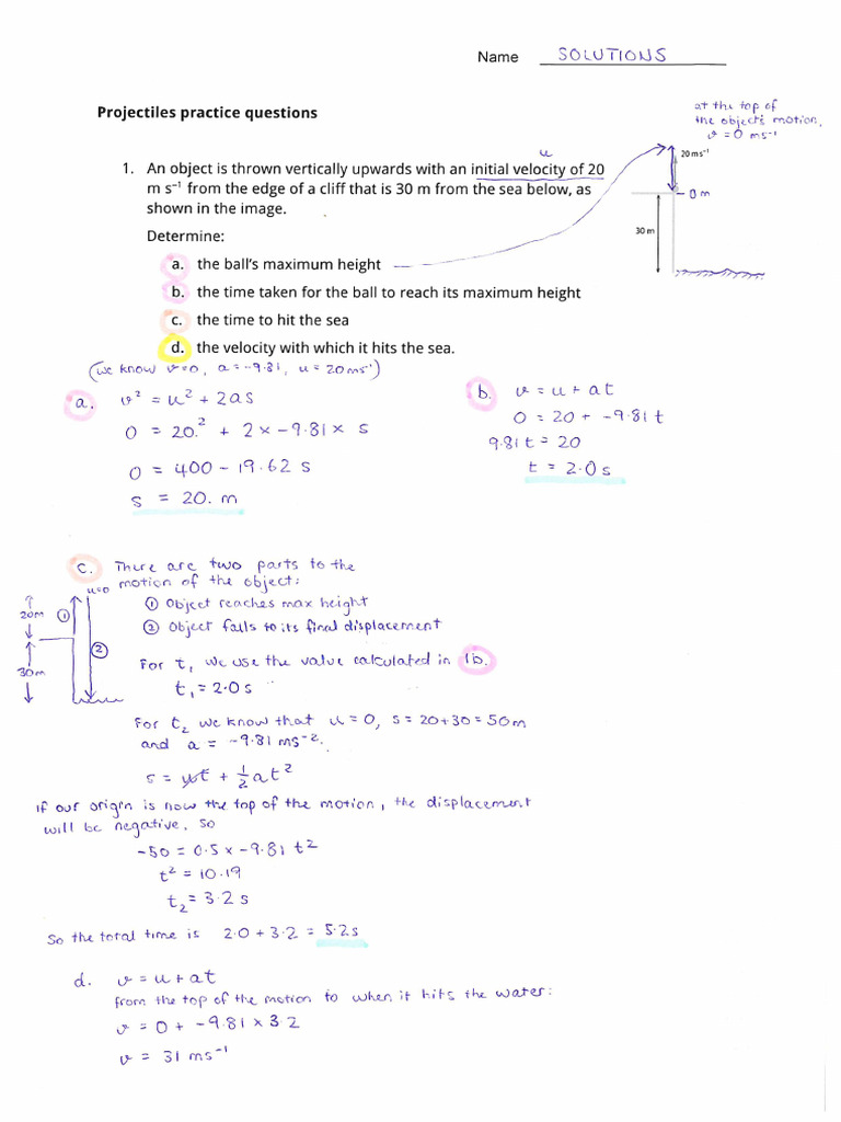 Projectiles Practice Questions SOLUTIONS | PDF | Flight | Mechanics