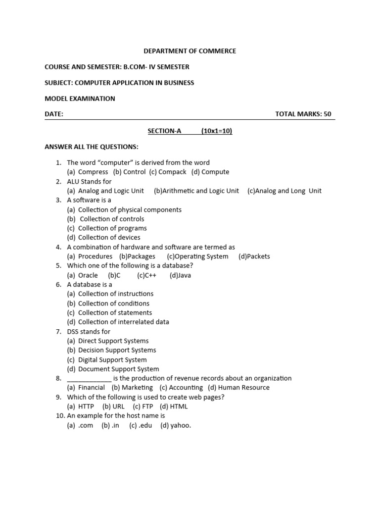 Computer Application in Business Model Question Paper | PDF | Databases ...