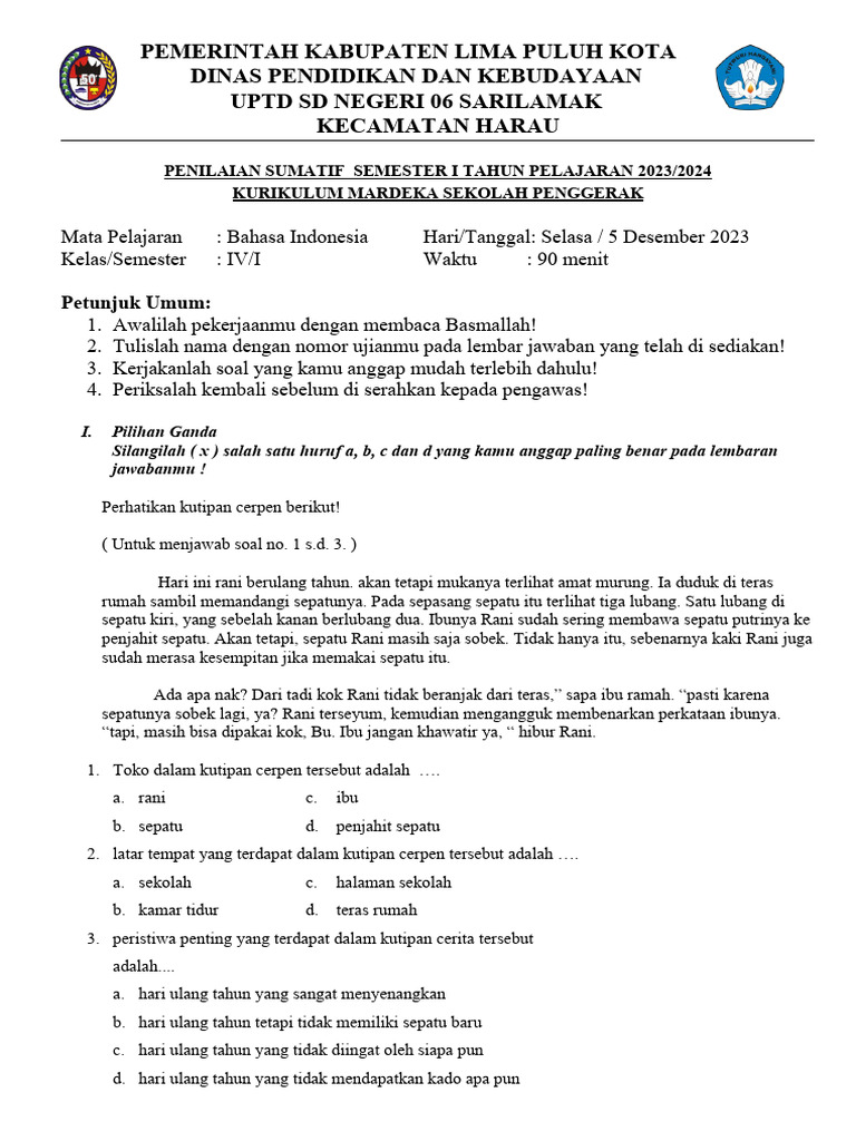 Soal Ujian Bhs Indonesia Kls 4 Sumatif 1 | PDF