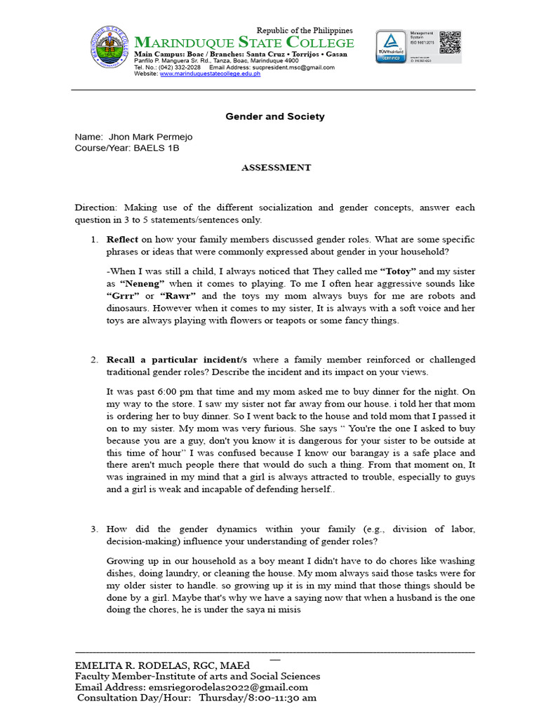 Assessment - Gender and Socialization | PDF | Gender | Gender Studies