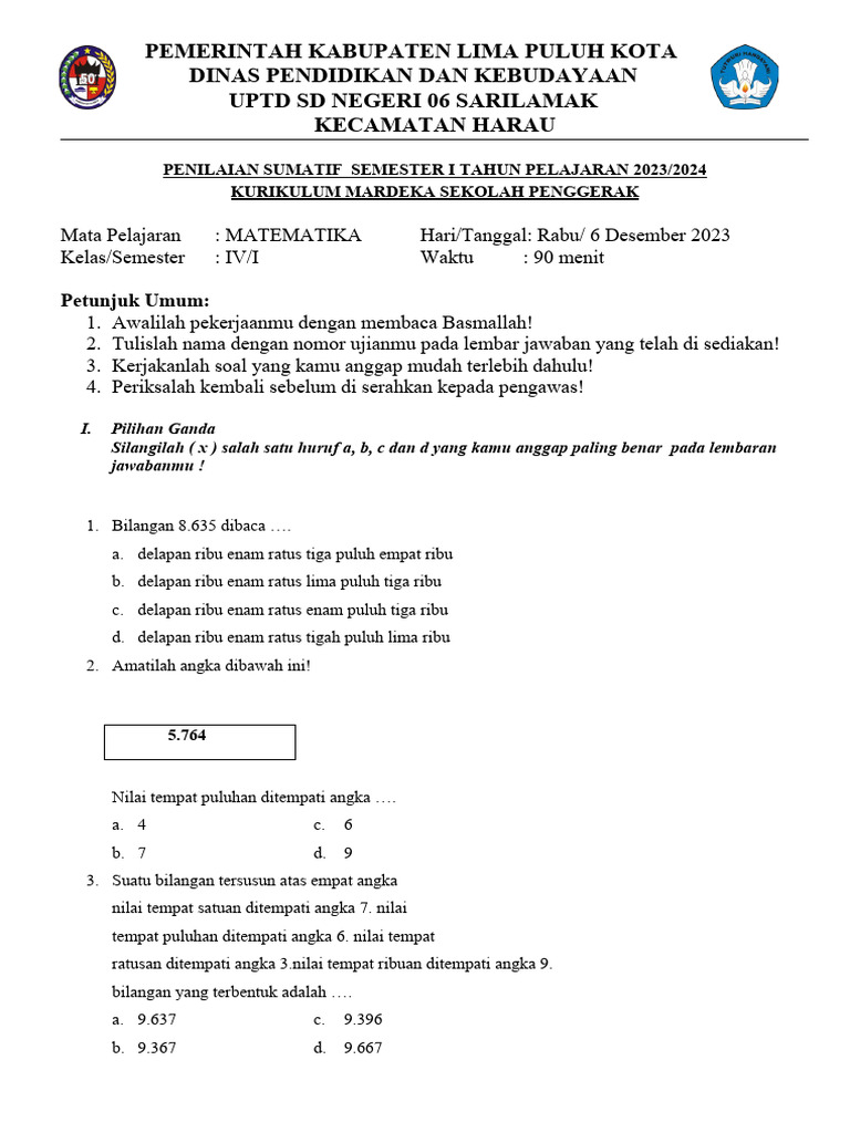 Soal MTK Kls 4 Sumatif 1 | PDF