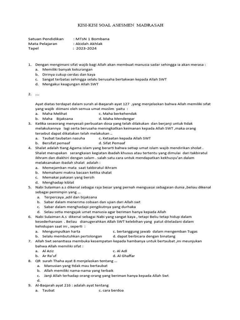 Kisi-Kisi Asesmen 2024 | PDF | Agama & Spiritualitas