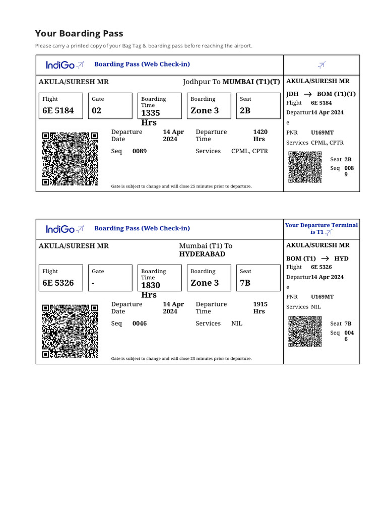 Boarding Pass JDH-HYD 14-04-2024 | PDF | Transport Infrastructure | Transport