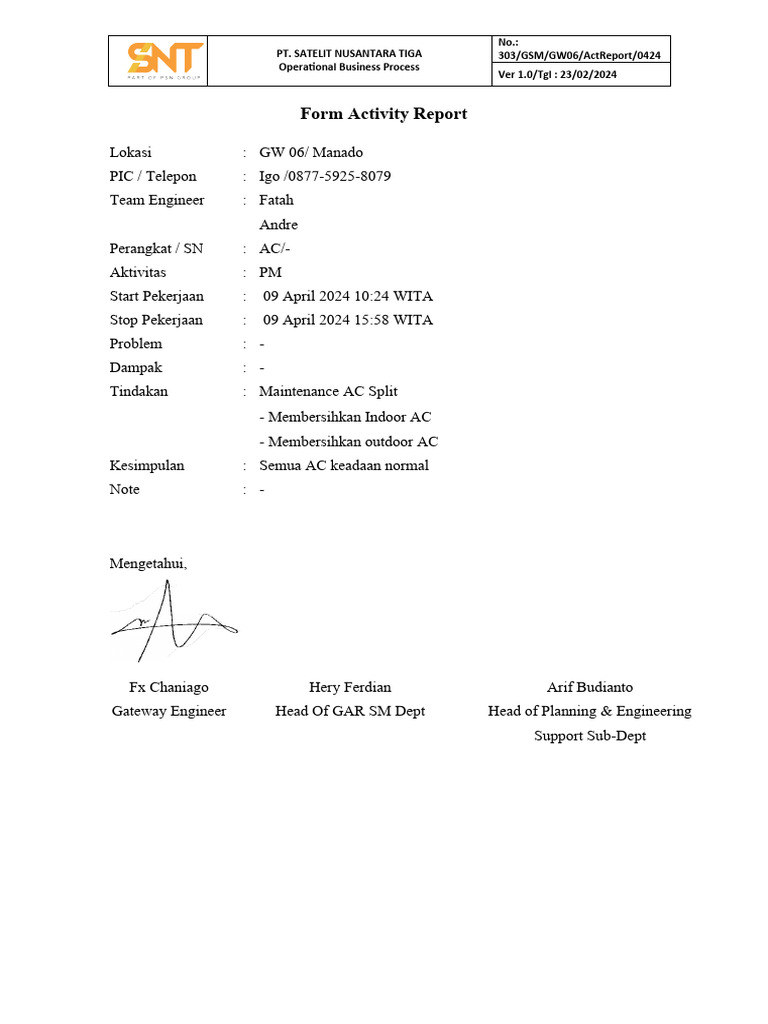 303 - GSM - GW06 - ActReport - 0424 - Maintenance AC Split | PDF