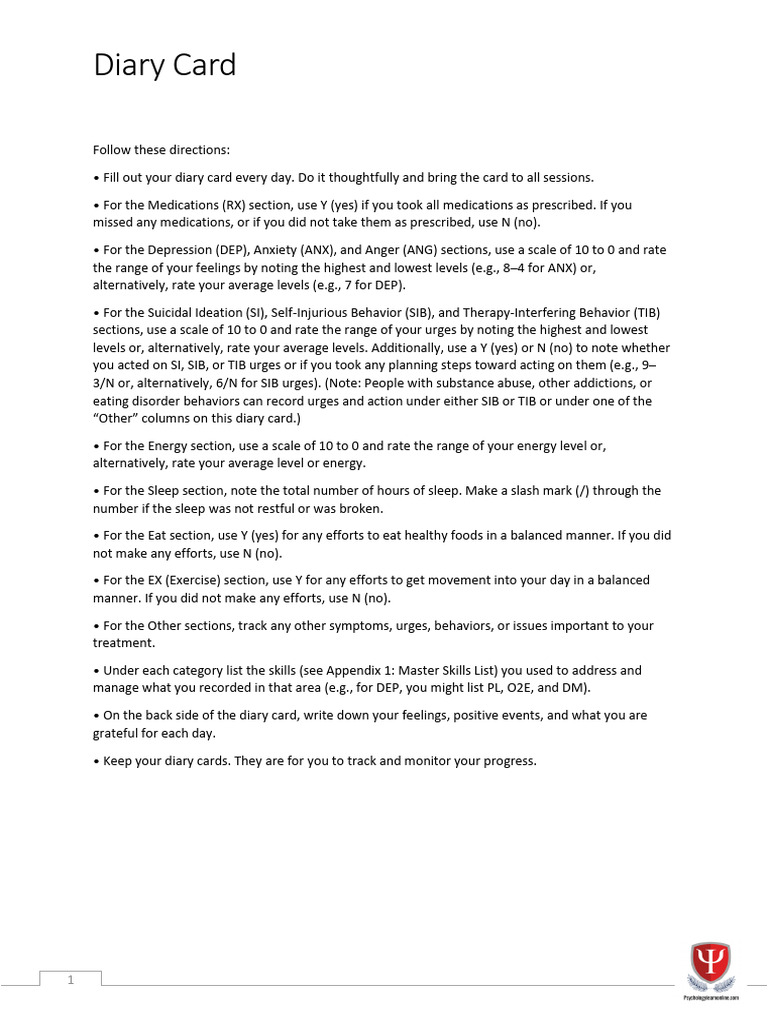 3 Diary Card | PDF | Mental Health | Abnormal Psychology