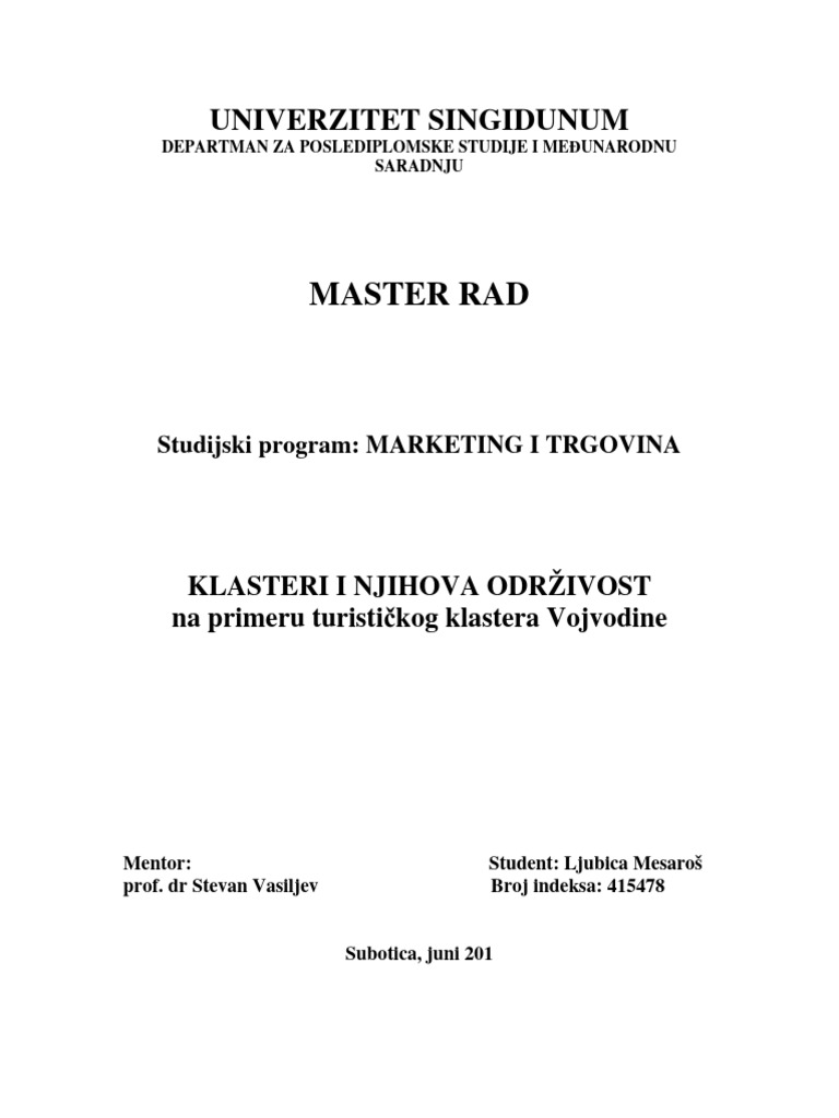 MR - Klasteri I Njihova Odrzivost Na Primeru Turistickog Klastera ...
