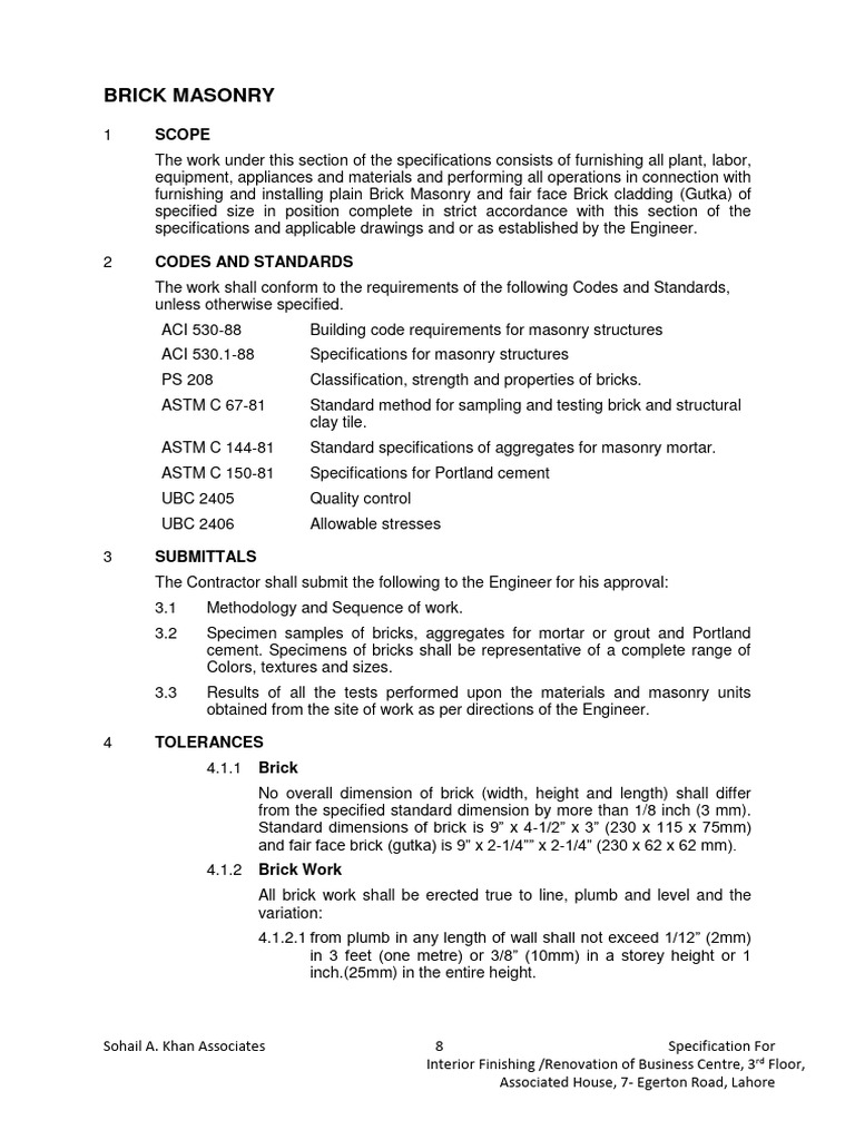 Brick Work Specification | PDF | Brick | Mortar (Masonry)