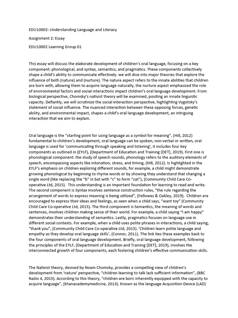 Essay Assignment Aug | PDF | Language Development | Language Acquisition