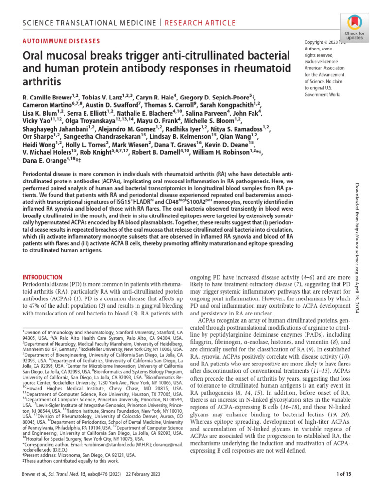 Oral Mucosal Breaks Trigger Anti-Citrullinated Bacterial and Human ...
