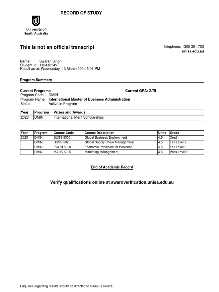 Unofficial Transcript | PDF | Thesis | Qualifications