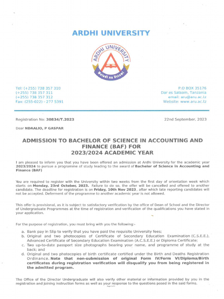 Ardhi University Admission Letter | PDF