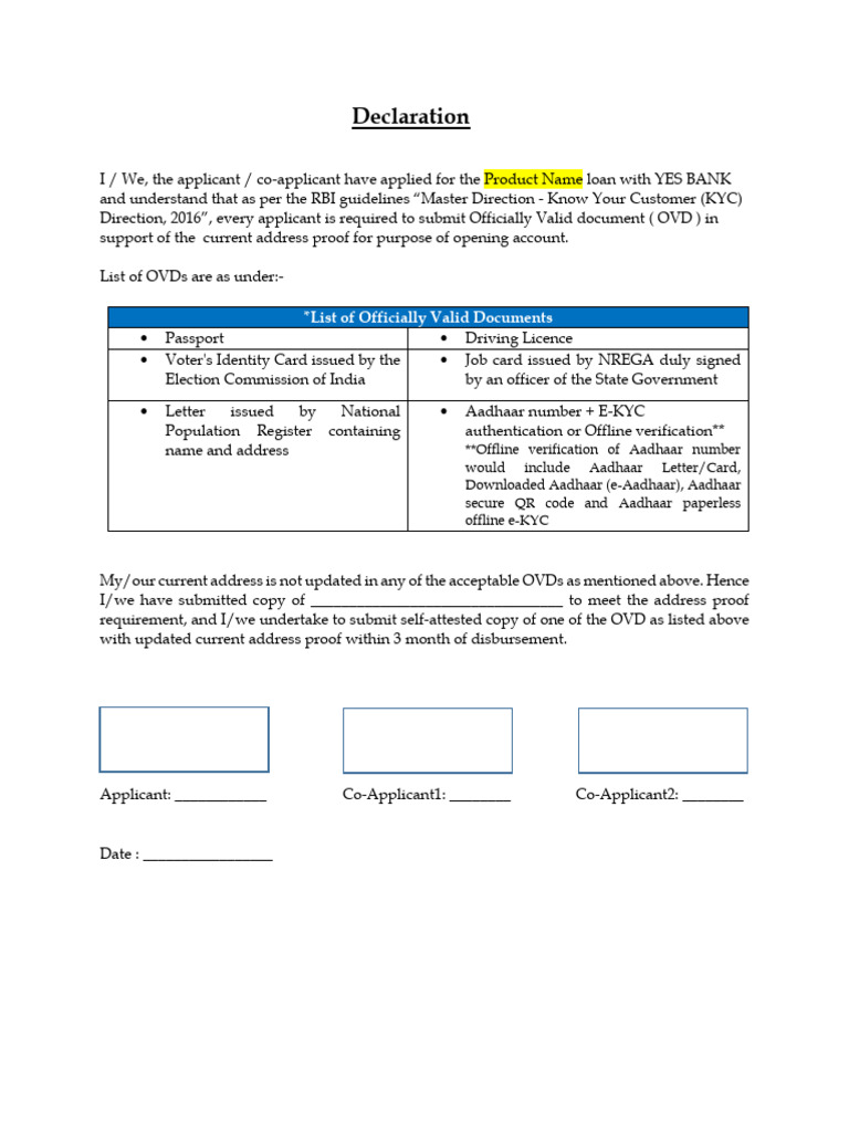 declaration yes bank | PDF