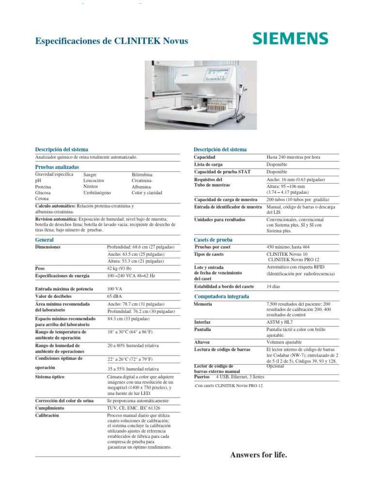Especificaciones del CLINITEK Novus | PDF