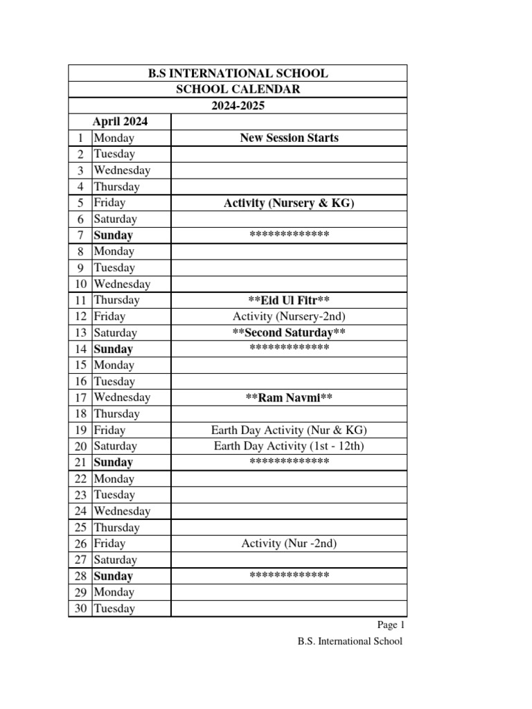 B.S. International School Calendar 2024-25 | PDF | Entertainment Events ...
