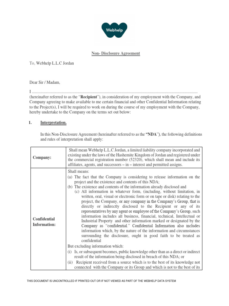 NDA Form - Webhelp Jordan - 2023 | PDF | Indemnity | Non Disclosure ...