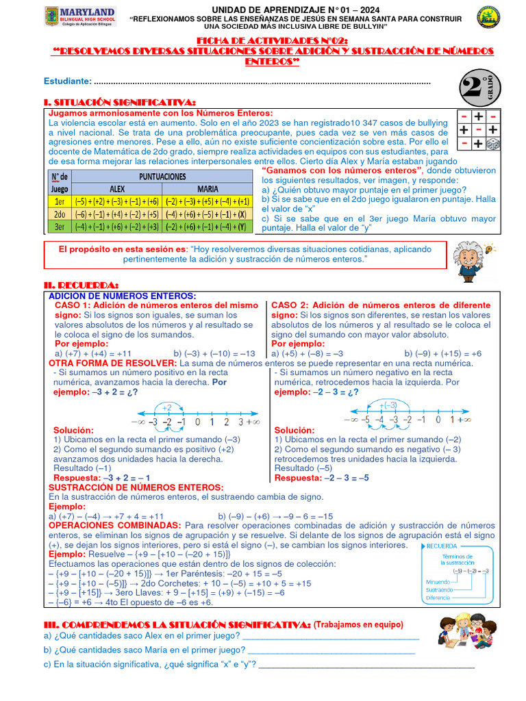 Ficha 2 2do Ua1 2024 Maryland 2 | PDF | Sustracción | Notación Matemática