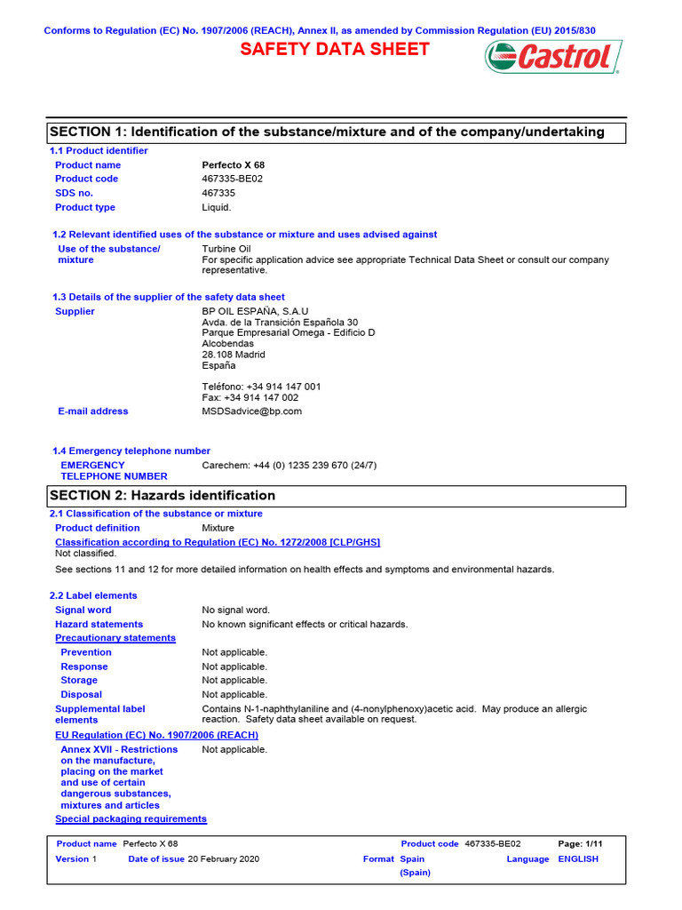 Castrol Perfecto X 68 | PDF | Occupational Safety And Health