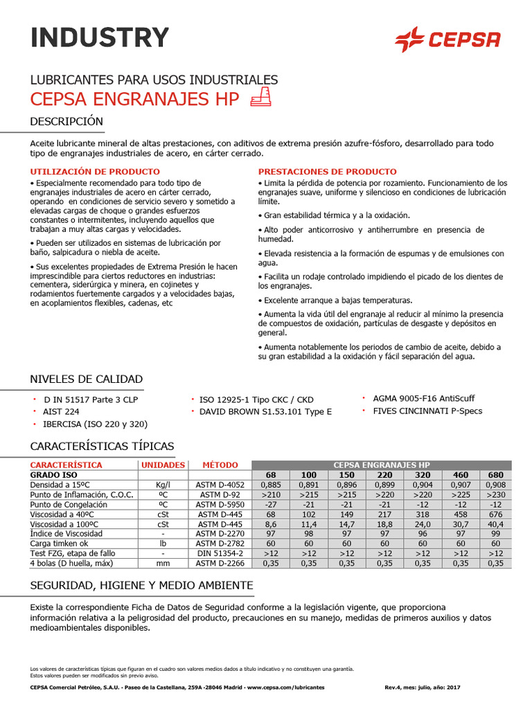 Cepsa Engranajes HP 05.TDS | PDF | Engranaje | Rodamiento (Mecánico)