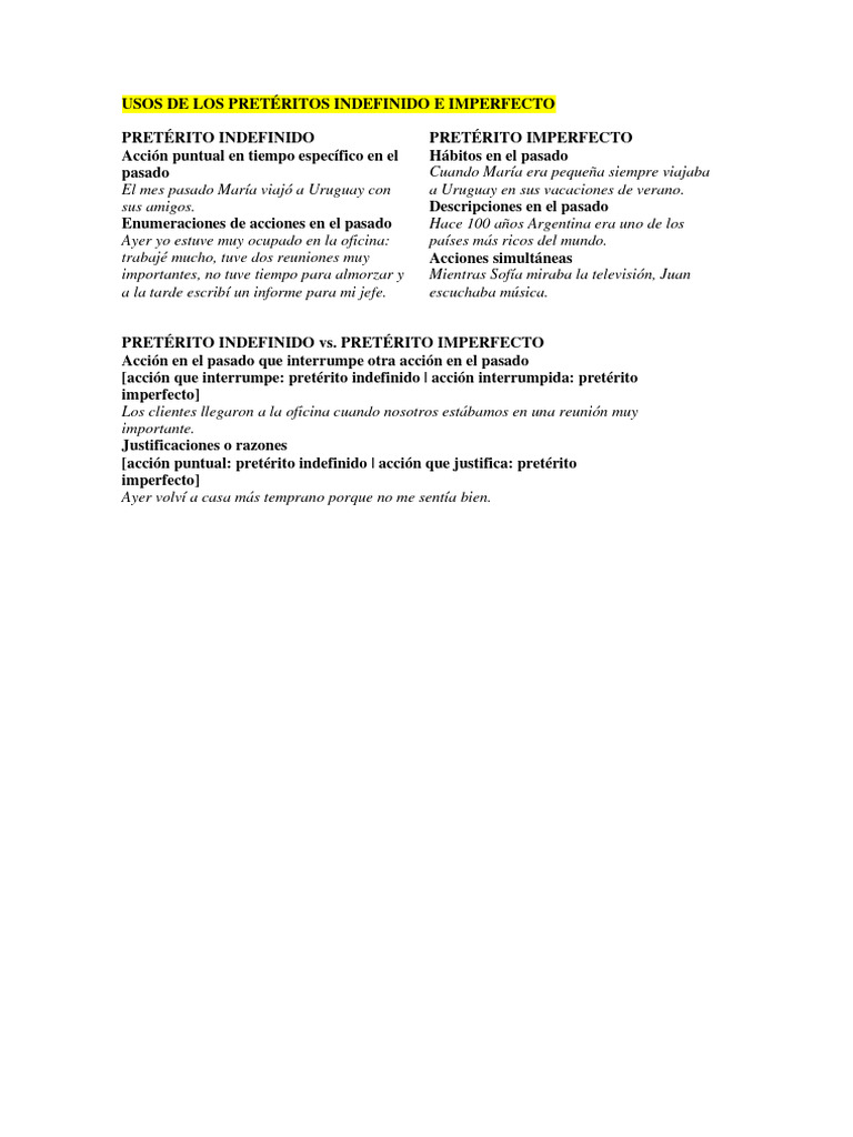 16usos de Los Pretéritos Indefinido e Imperfecto | PDF