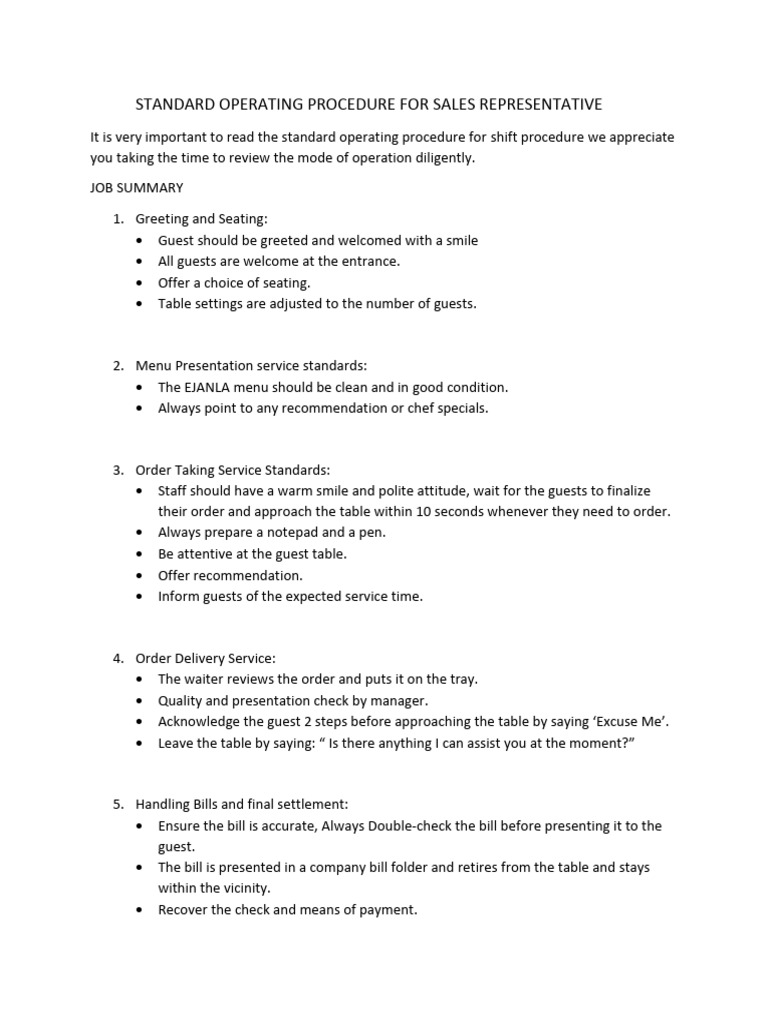 Standard Operating Procedure for Sales Representative | PDF
