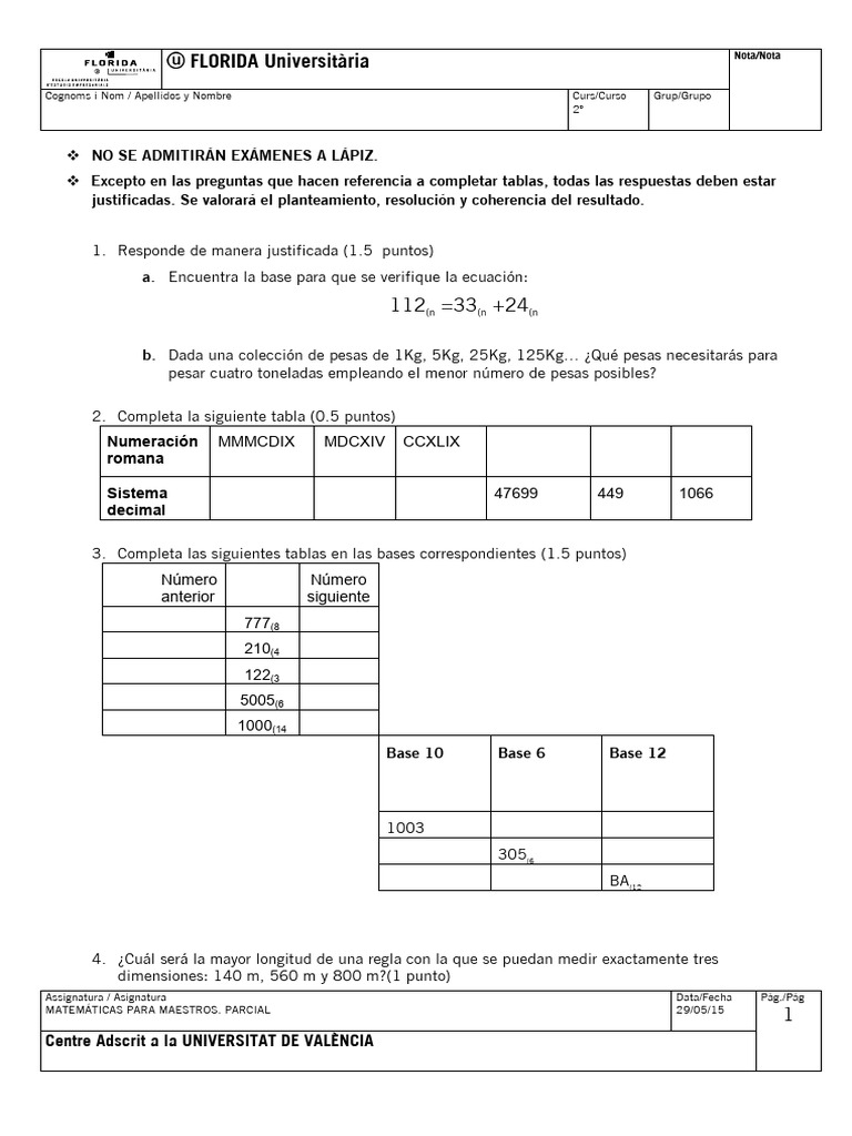 1er Parcial Final 2C P1 Mat2014 15V2 | PDF | Teaching Methods & Materials