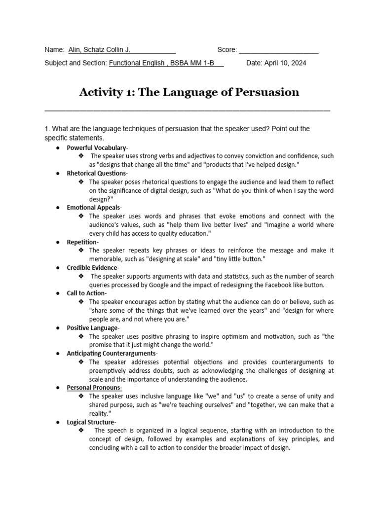 Activity 1 - The Language of Persuasion | PDF | Persuasion | Rhetoric