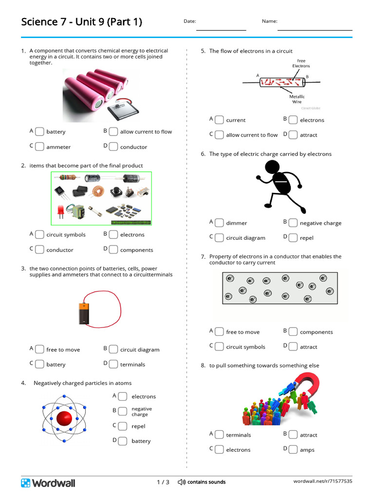 Science 7 Unit 9 Part 1 Quiz | Download Free PDF | Electron | Electrical Conductor