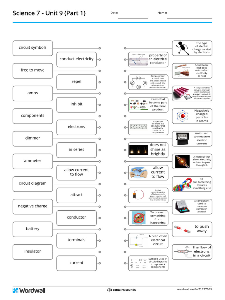 Science 7 Unit 9 Part 1 Match Up | PDF | Electrical Conductor | Electricity