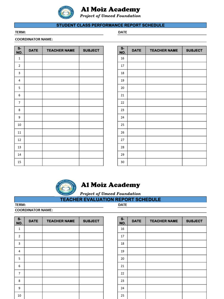 Al Moiz Academy Performance Report Schedule | PDF
