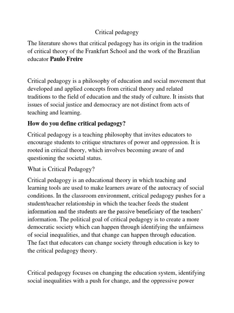 Understanding Critical Pedagogy | PDF | Pedagogy | Critical Thinking