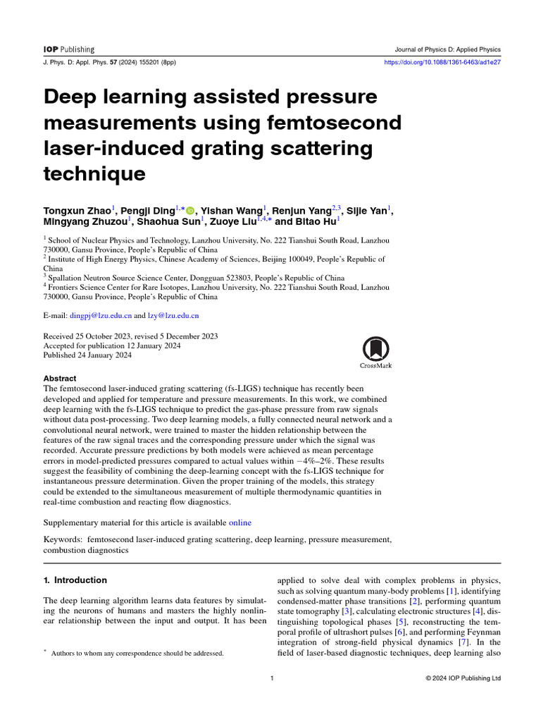 Deep learning assisted pressure measurements using femtosecond laser-induced grating scattering ...