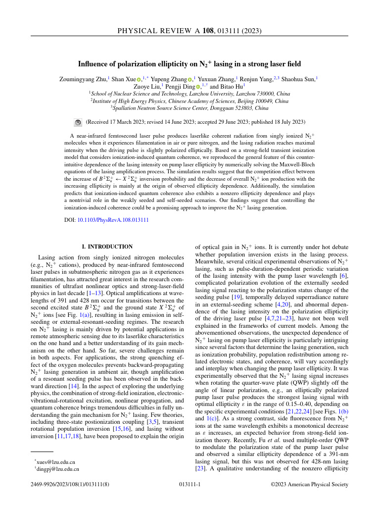 N2+ Lasing and Polarization Ellipticity Effects | PDF | Laser ...