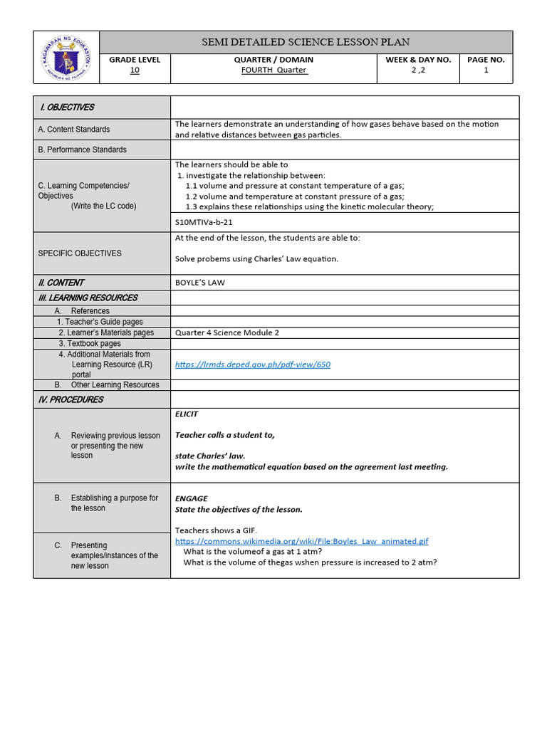 Charles' Law Lesson Plan for Grade 10 | PDF | Gases | Learning