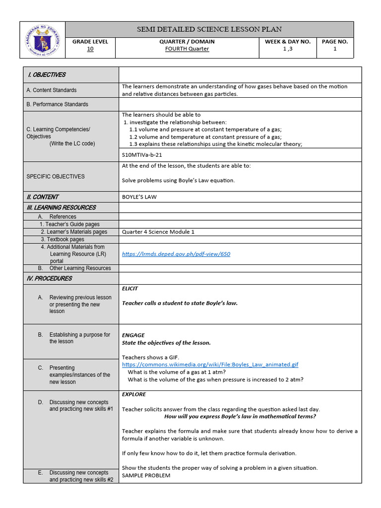 Boyle's Law Lesson Plan for Grade 10 | PDF | Gases | Learning