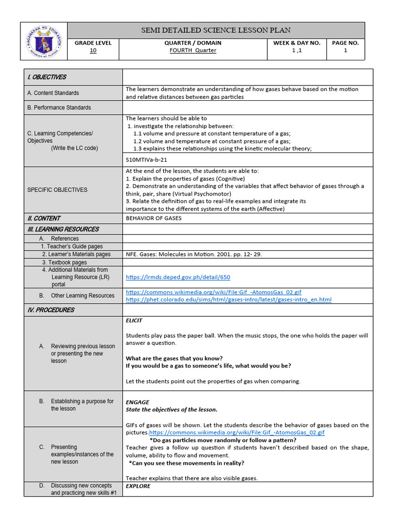 Grade 10 Gas Behavior Lesson Plan | PDF | Gases | Temperature
