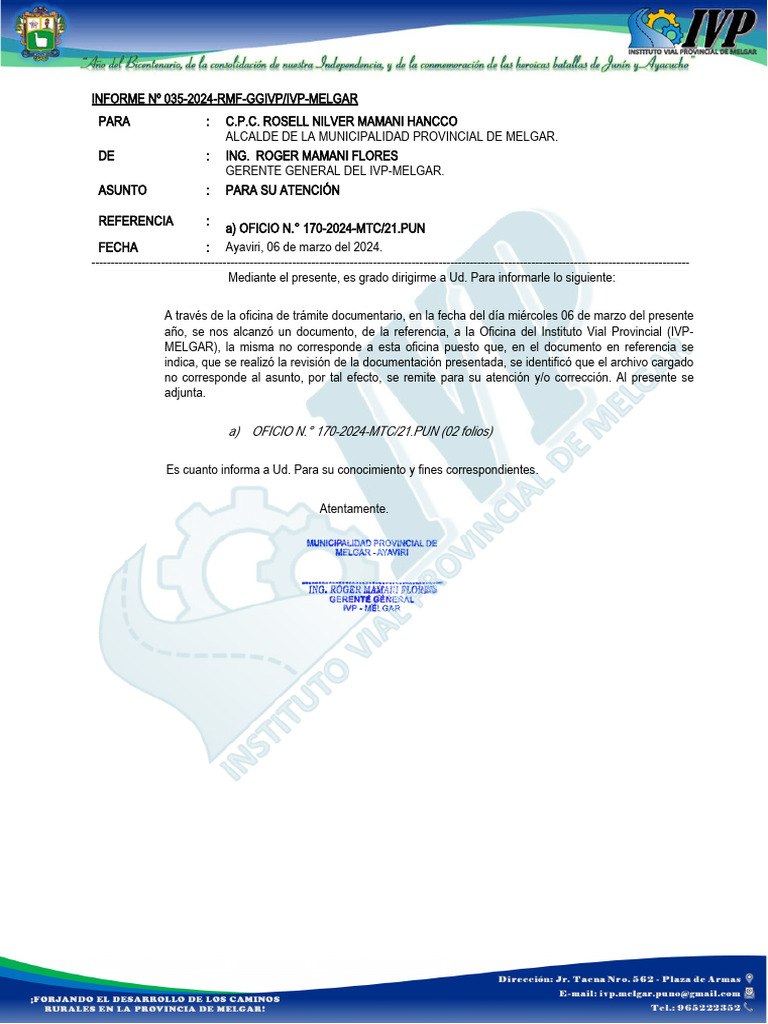 INFORME 019 - ADENDA DE PERSONAL DE IVP 2024 - CAS | PDF