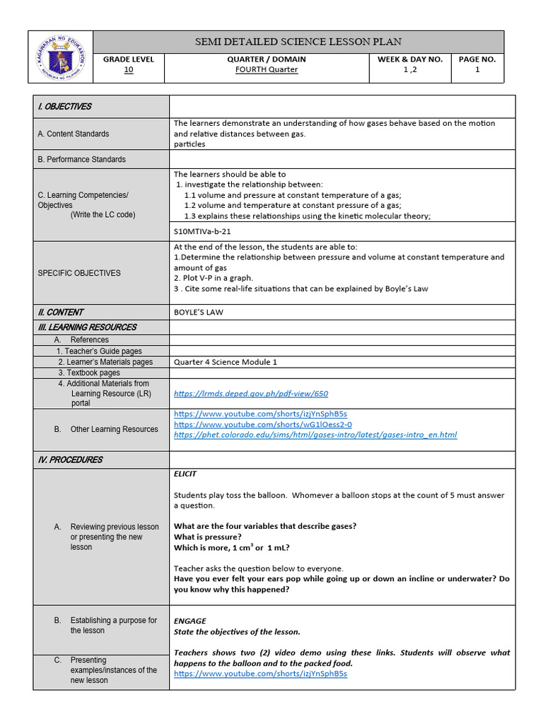 Boyle's Law Lesson Plan | Download Free PDF | Gases | Lesson Plan