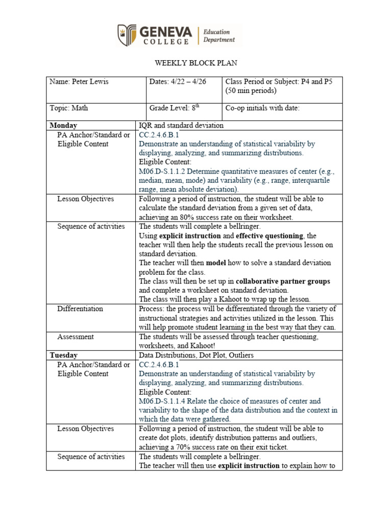 math8 lesson plan 7 | PDF | Outlier | Data