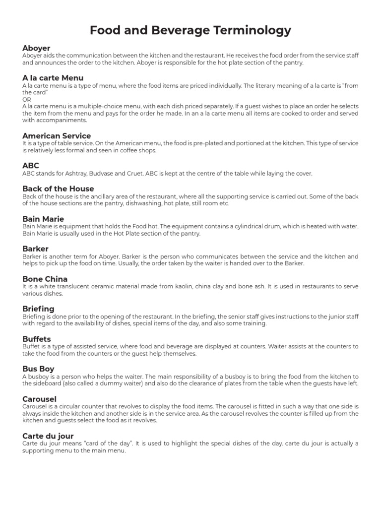 F&B Terminologies | PDF | Menu | Tableware