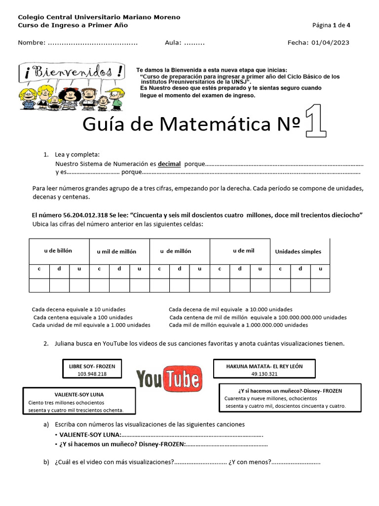 Guia de MATEMATICA No 1 2 | PDF | Sustracción | Matemática Elemental
