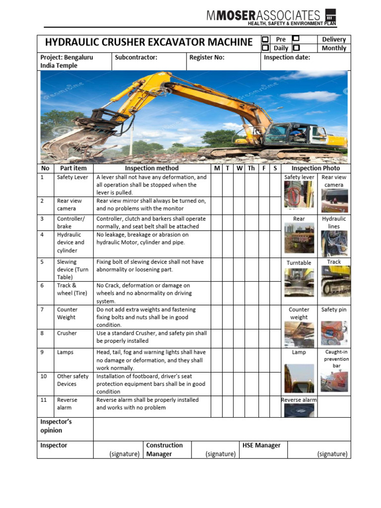 KA 46 Hydralic Crusher Excavator Safety Checklist | PDF | Manufactured ...