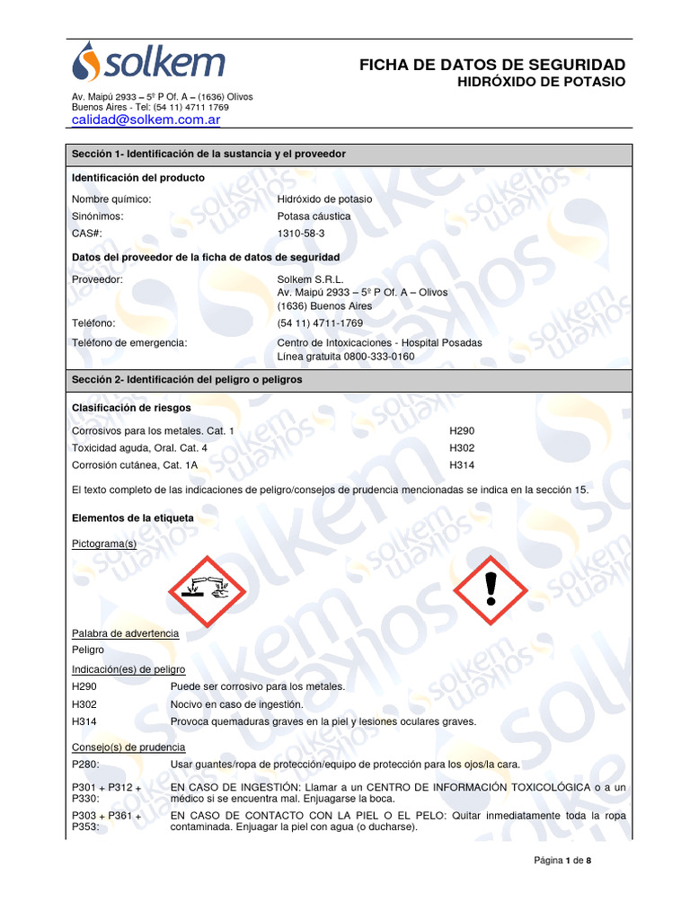 Hidroxido de Potasio FDS | PDF | Corrosión | Química