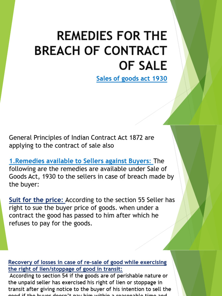 Remedies For The Breach of Contract of Sale | PDF | Breach Of Contract ...