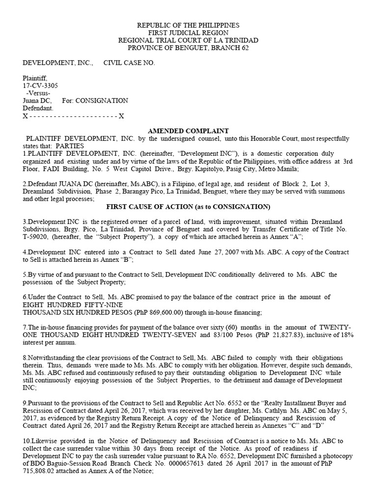 Complaint of Consignation Sample | PDF | Lawsuit | Complaint