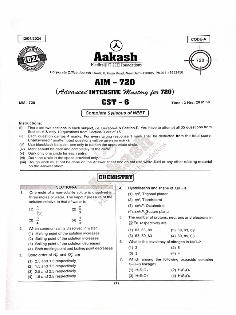 INTENSIVE CST-6 Code - A 2024 | PDF