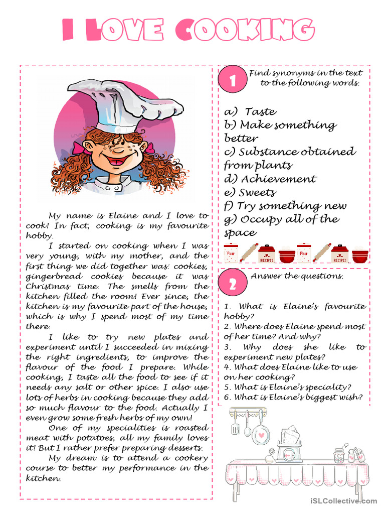 I Love Cooking - Reading Comprehension | PDF