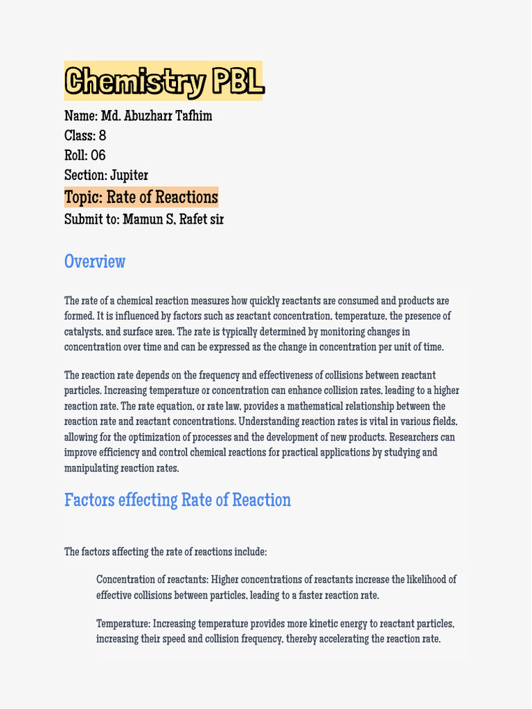 Chemistry PBL - Tafhim | PDF | Reaction Rate | Chemical Reactions