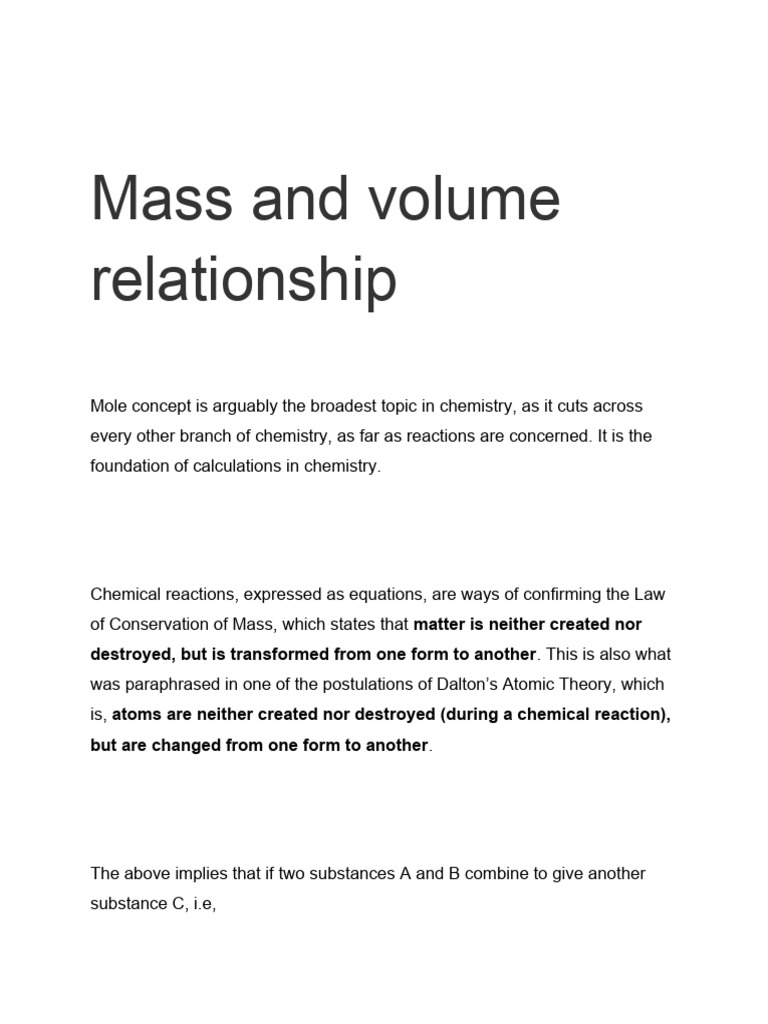Mass and Volume Relationship | PDF | Mole (Unit) | Stoichiometry