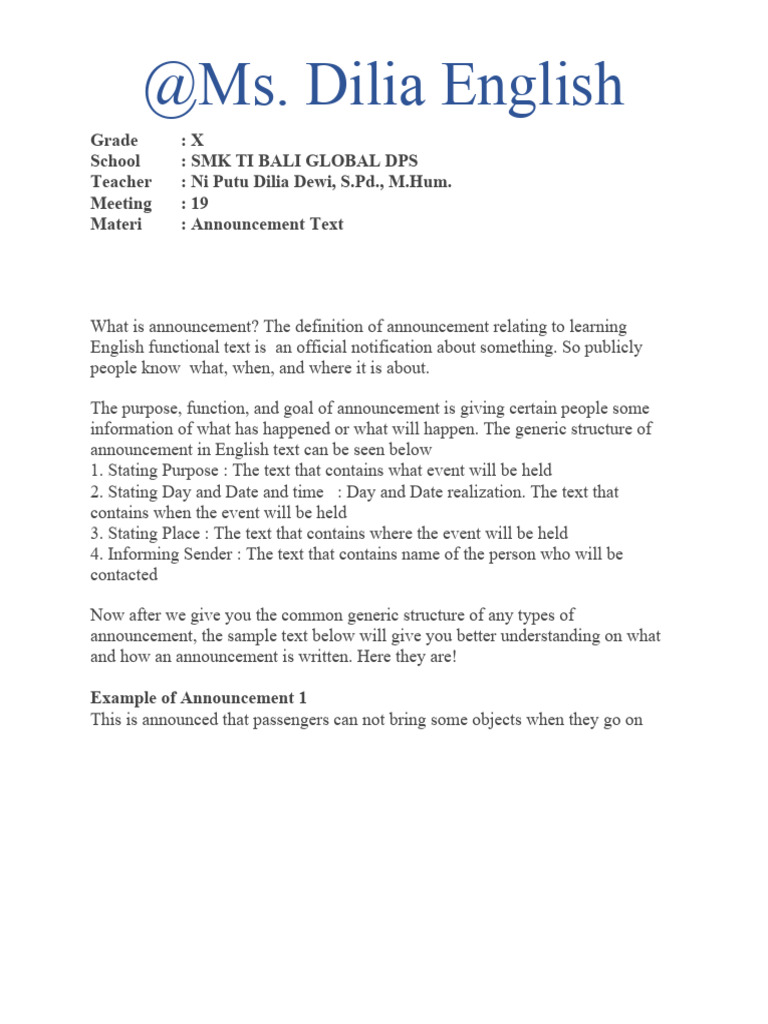 English Announcement Lessons | PDF
