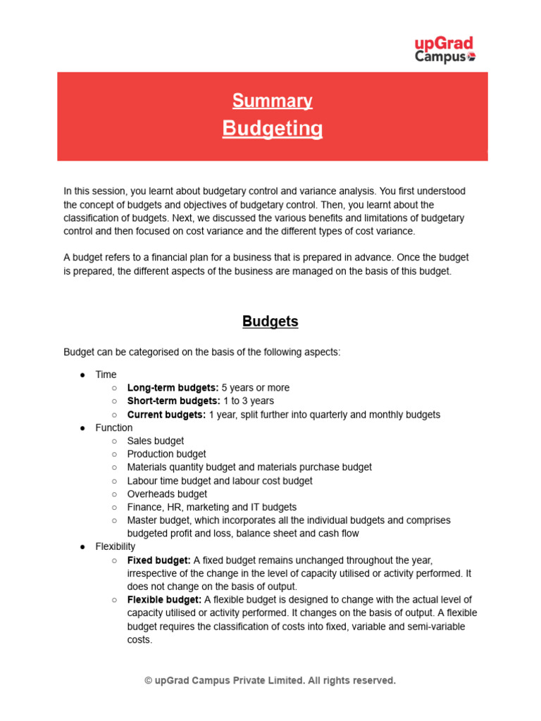 Budgeting Summary | PDF | Budget | Variance